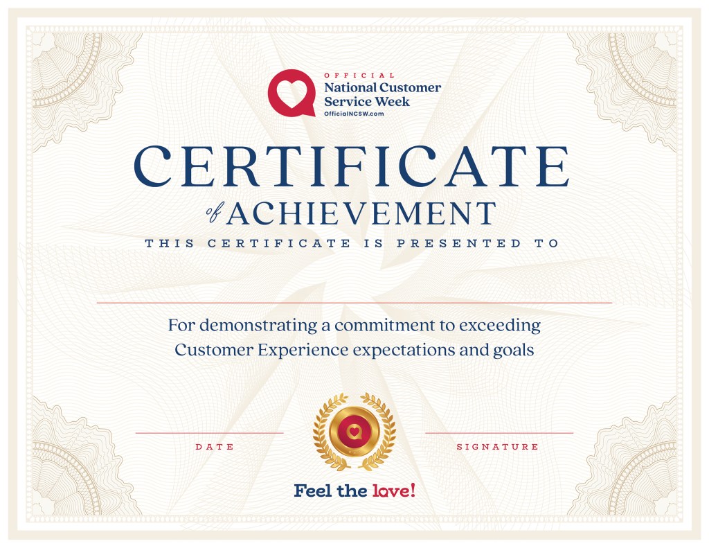 Certificate – Official National Customer Service Week